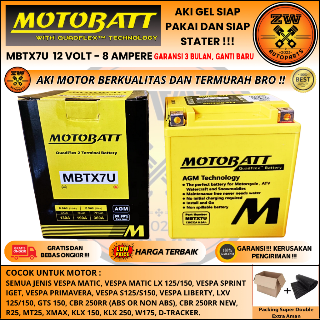 Jual AKI MOTOR VESPA MATIC SPRINT IGET, S-125, LX 150 MBTX7U MOTOBATT ...
