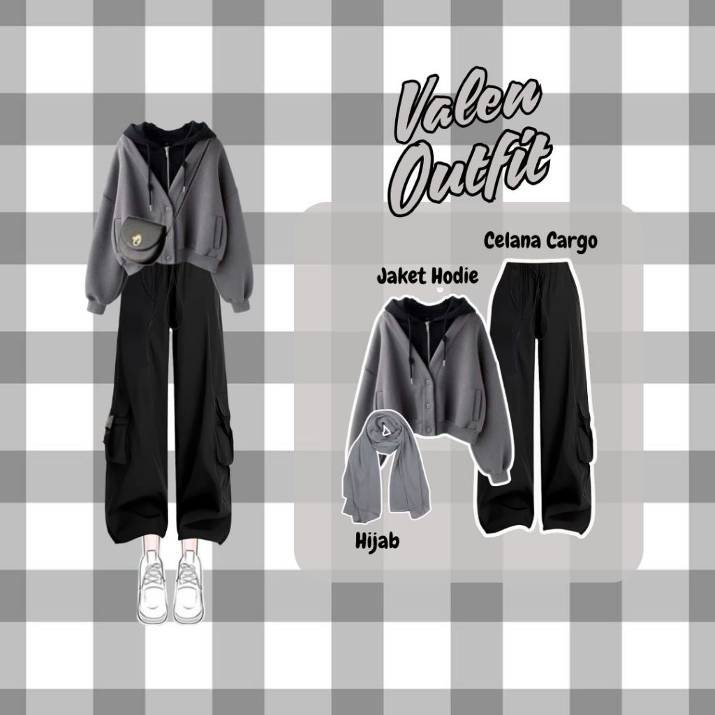 Jual Valen8 Outfit | One Set ( Jaket Abu + Celana Cargo Hitam + Hijab ...