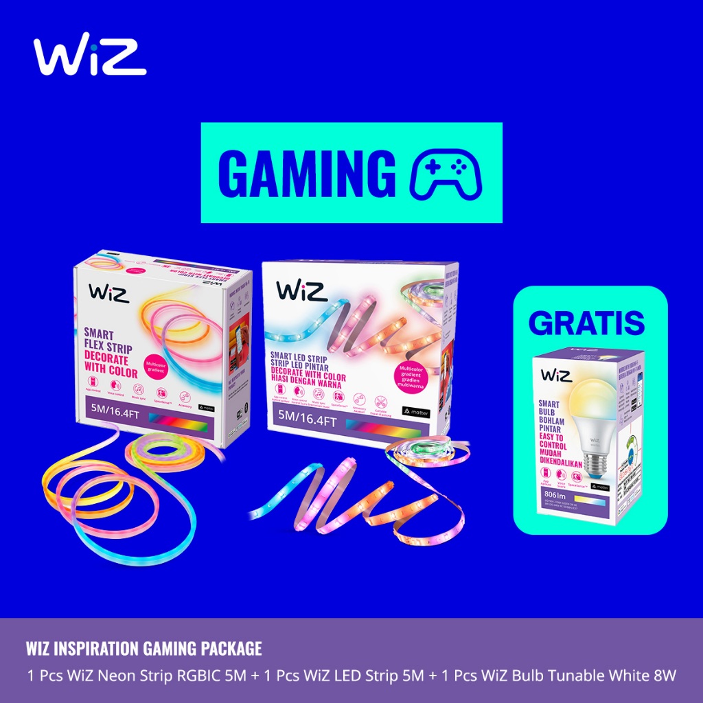 Jual WiZ Paket Gaming 1 Lampu Smart LED Neon Strip 5M RGBIC + LED Strip 5M RGIBC + Gratis 1 ...