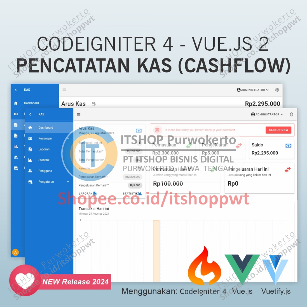 Jual Source Code Aplikasi Web Pencatatan Kas Cashflow menggunakan Codeigniter 4 CI4 MySQL Vuejs ...
