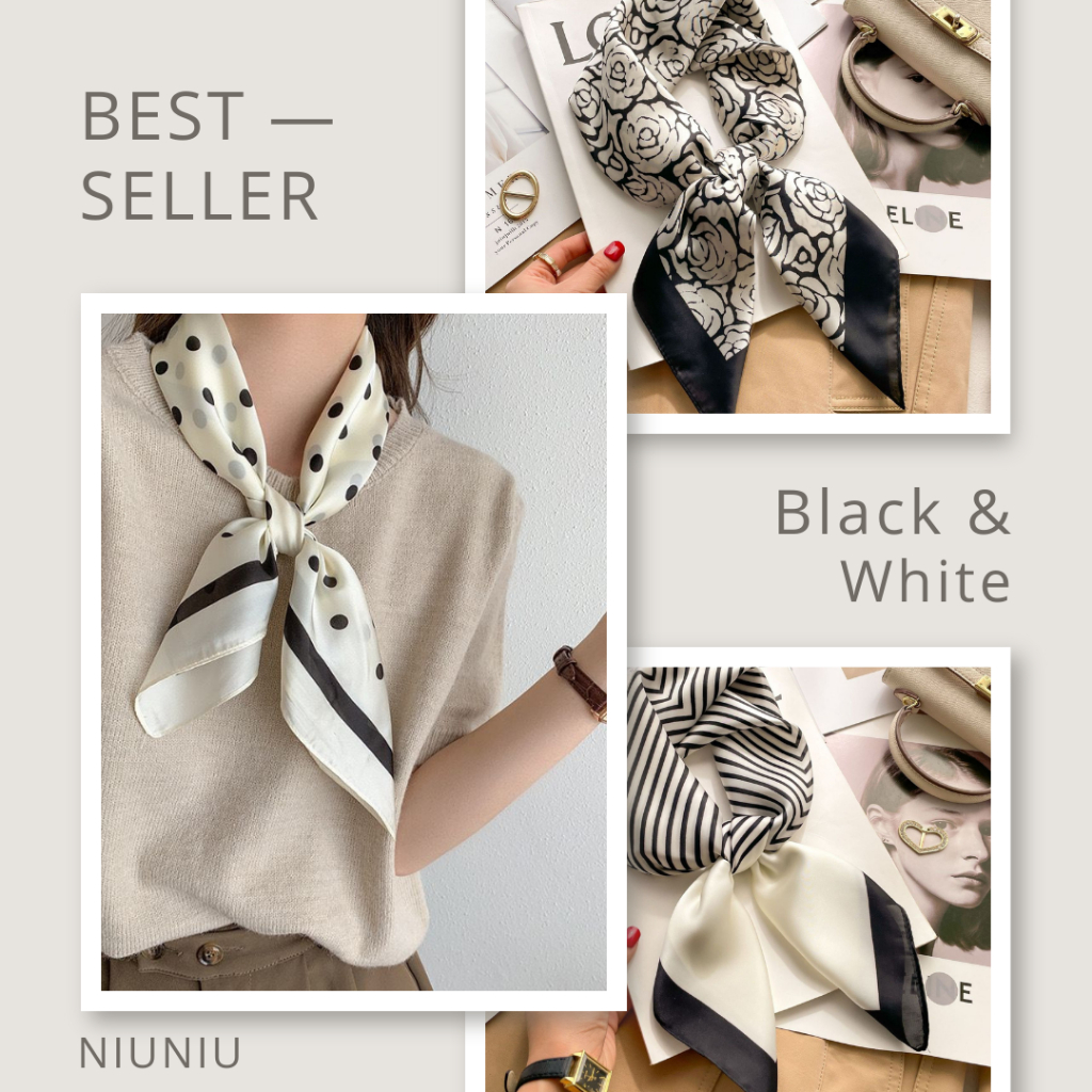 Jual Neck Scarf 70x70cm/Silk Scarf/Syal Leher Wanita/Motif Hitam Putih ...