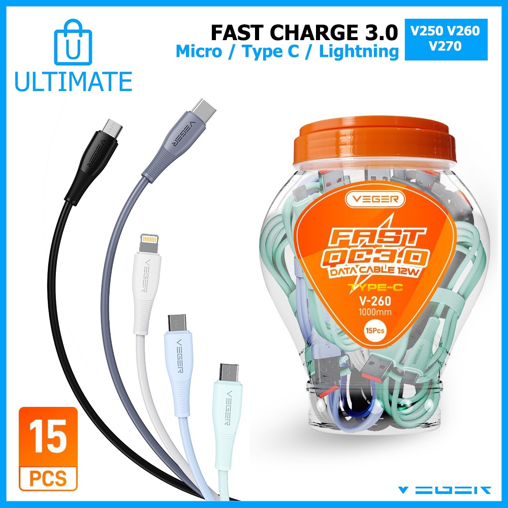 Jual VEGER Kabel Data V250 MICRO USB V260 TYPE C V270 Lightning (1 Toples=15pcs) QC 3.0 Fast ...