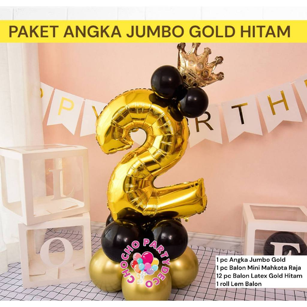 Jual Paket Balon Angka Jumbo GOLD HITAM Latex / Dekorasi Ulang Tahun ...