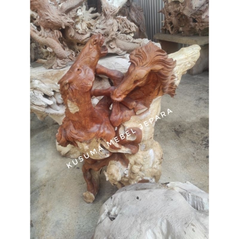 Jual Patung Pertarungan Kuda 3 Dimensi Akar Kayu Jati (Panjang 100cm, Lebar 60cm, Tinggi 130cm ...