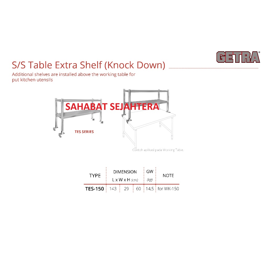 Jual GETRA Stainless Steel Table Extra Shelf TES-150 Tambahan Rak Meja ...