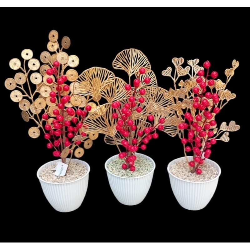 Jual [bunga set pot] ceri merah dan daun emas artificial ukuran besar ...