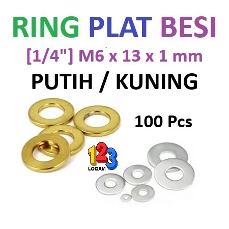 Jual Ring Plat [1/4"] M6 x 13 x 1 mm Putih / Kuning, Baut 10 Isi: 100 ...