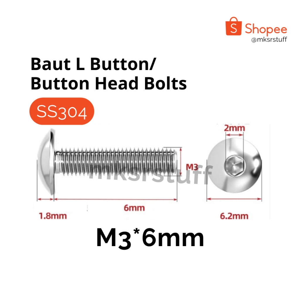 Jual (5pcs) M3 - SS304 ISO7380 Baut L Button/Button Head Socket Cap Bolts | Shopee Indonesia