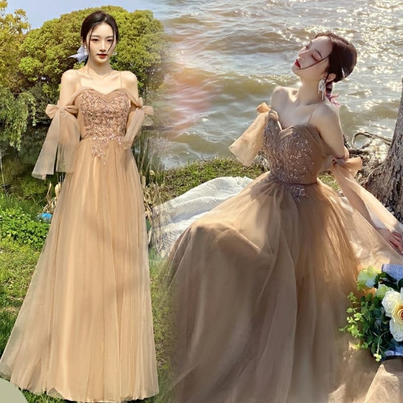Jual dress sabrina sleeve long gown maxi gown gaun panjang simple dress ...
