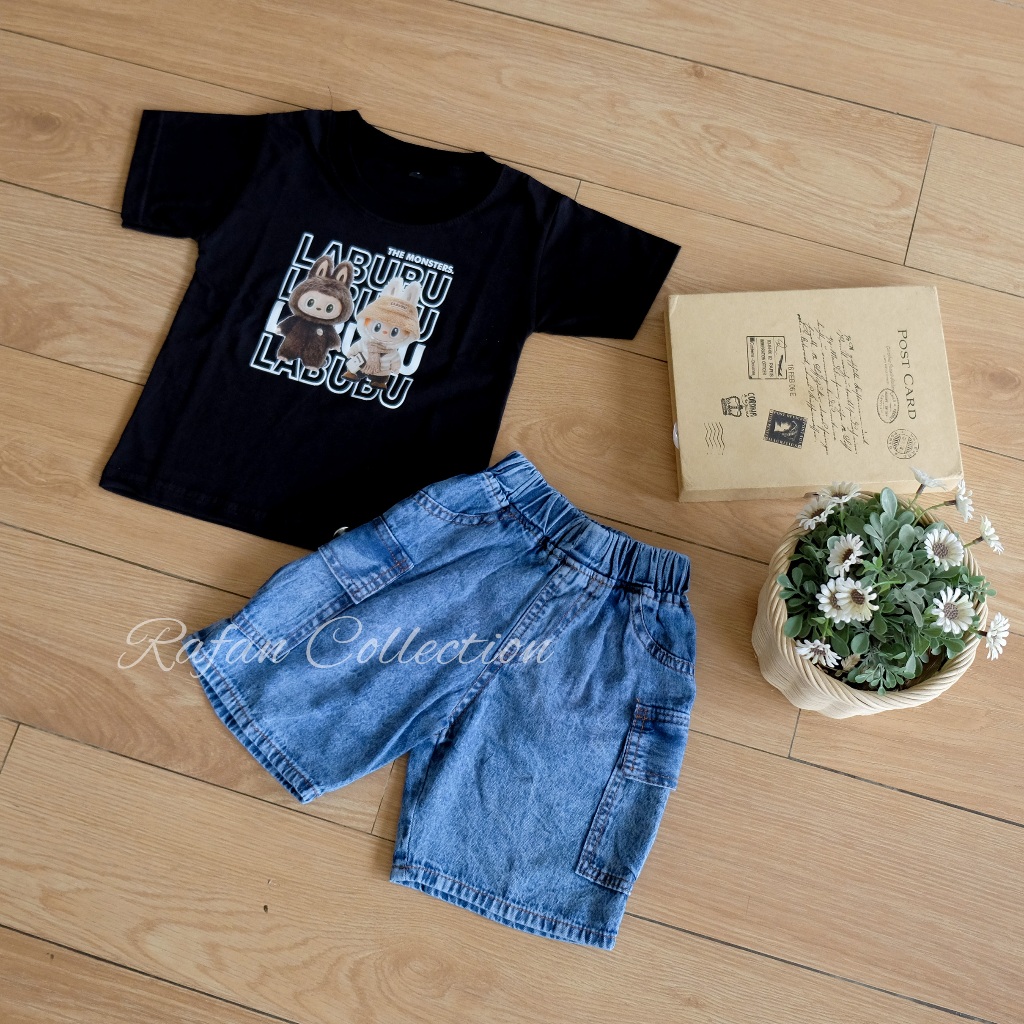 Jual Setelan Anak Labubu Cowok Cargo Jeans Pendek dan Kaos Gambar ...