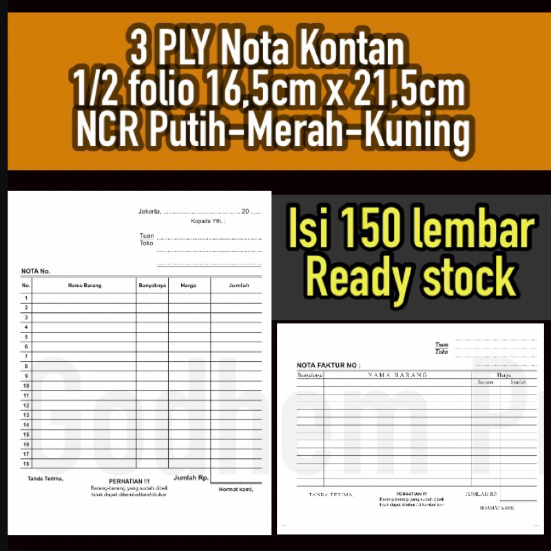 Jual 150 lembar nota kontan Rangkap 3 PLY ( 1/2 - 1/3 - 1/4 folio ...
