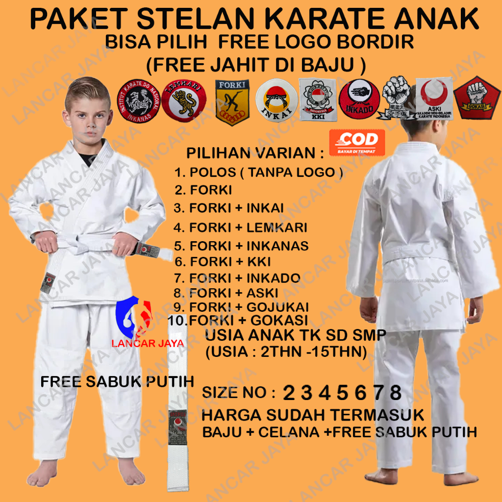 Jual BAJU KARATE ANAK FREE FORKI INKAI KKI INKANAS INKADO KKI LEMKARI+SABUK PUTIH -1 STEL ...