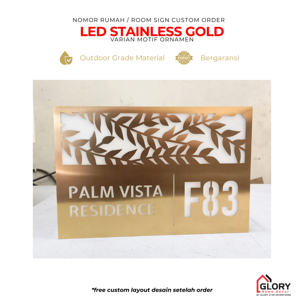 Jual GHD Nomor Rumah LED Laser Cut Stainless Gold Custom variasi Motif ...