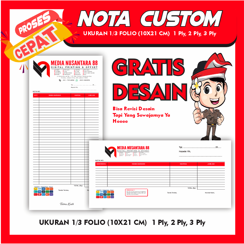 Jual Cetak Nota 1/3 Folio Nota Custome Ukuran 21x10 1 Ply 2 Ply 3 Ply ...