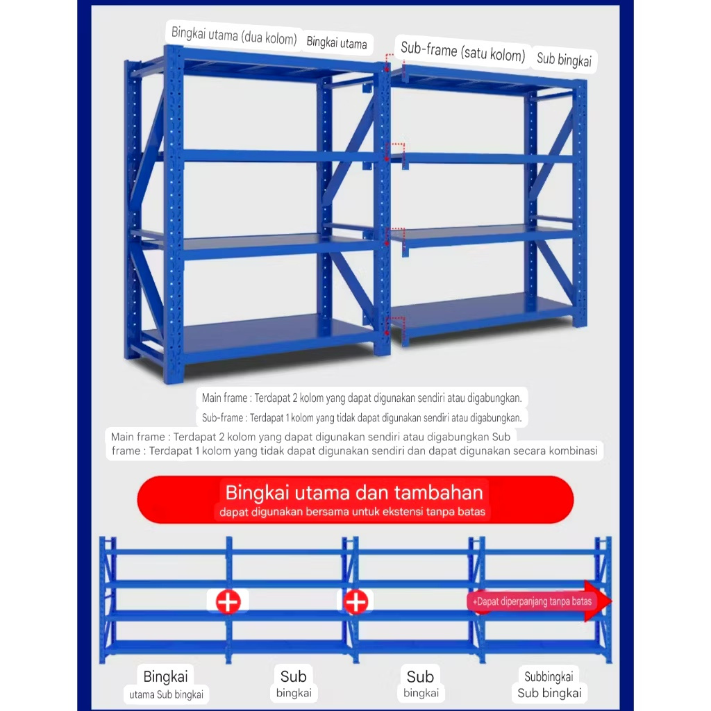 Jual rak rangka besi gudang 4 susun 500kg 200x60x200cm rack serbaguna ...