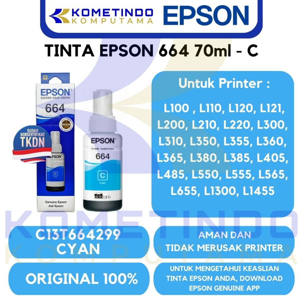 Jual TKDN BOX T 664 Cyan 70ml Tinta Epson Jamin 100% Original Box T664 BIRU L100 , L110, L120 ...