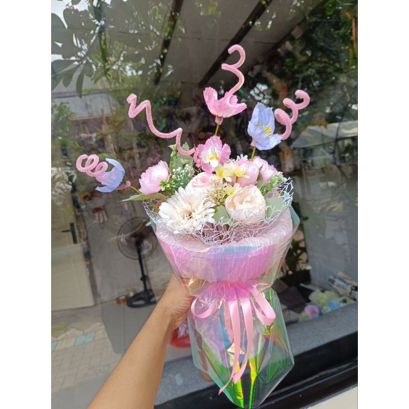 Jual buket bunga pop up unicorn artificial palsu Poppy mix Peony ...