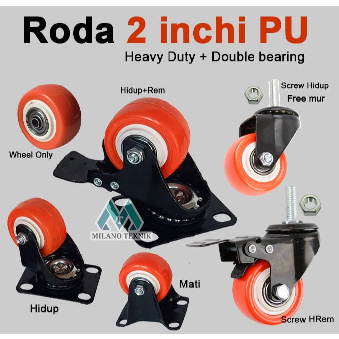 Jual Roda 2 inchi PU (Mati/Hidup/Rem/Screw/Wheel only)Orange Roda Troli ...