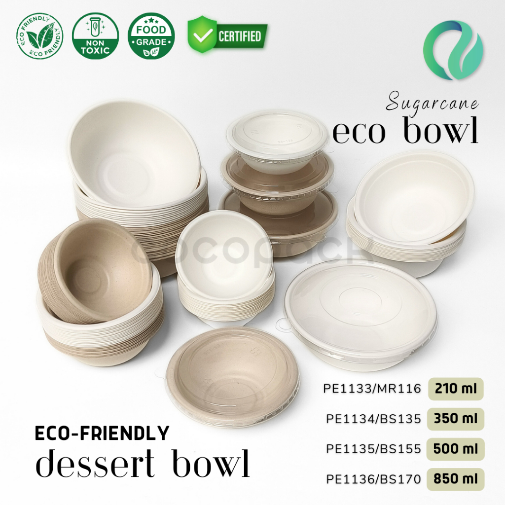 Jual 10 PCS Sugarcane Bagasse Eco Bowl 350 ML Natural Brown or White with PET Lid | Shopee Indonesia