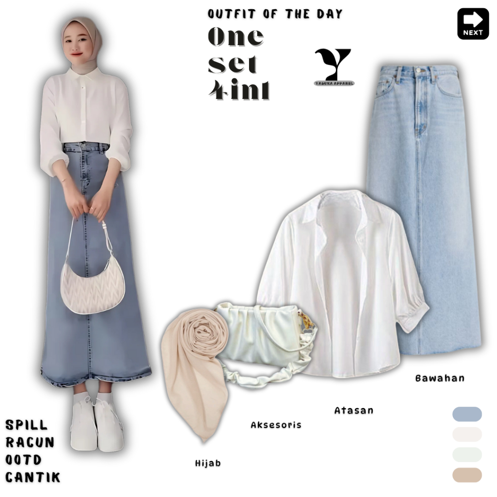 Jual One Set 4in1 Korean Style Blouse Balon + Rok Jeans + Sling Bag ...