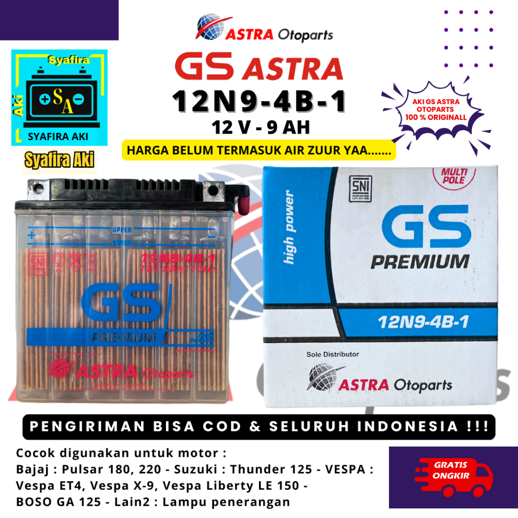 Jual AKI ACCU GS ASTRA 12N9-4B-1 12V 9Ah MOTOR SUZUKI THUNDER 125 , TVS ...