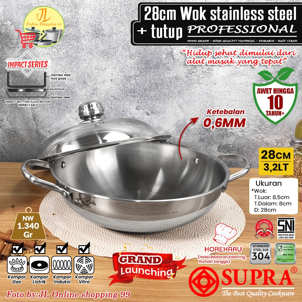 Jual SUPRA wok 28cm + tutup kaca kombinasi stainless steel impact SUS ...
