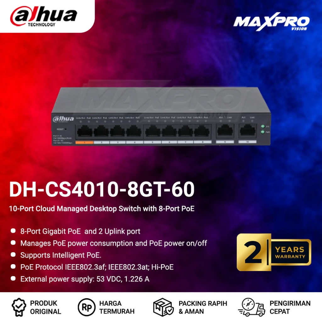 Jual DH-CS4010-8GT-60 - DAHUA CLOUD MANAGED GIGABIT 8 PORT POE SWITCH | Shopee Indonesia
