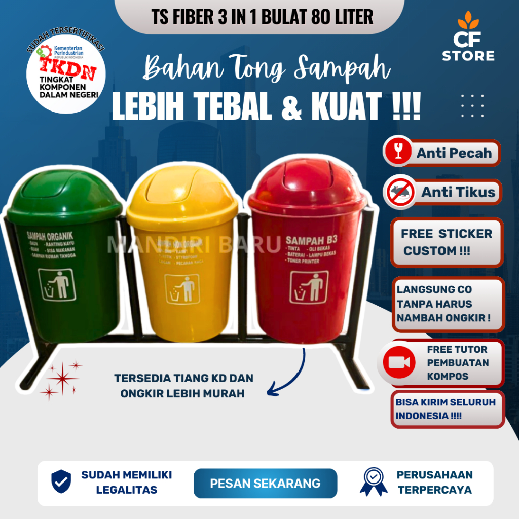 Jual TONG SAMPAH FIBER 3IN1 Kapasitas 80 Liter, 3 WARNA, 3 PILAH ...