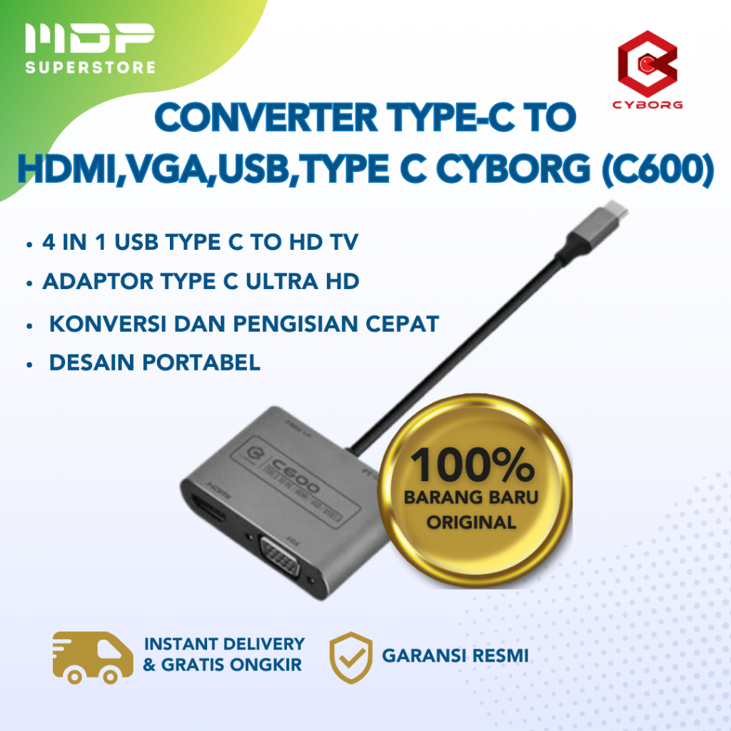 Jual CONVERTER TYPE-C TO HDMI,VGA,USB,TYPE C CYBORG (C600) | Shopee ...