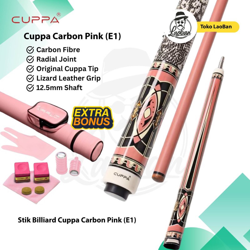 Jual Stick Billiard Cuppa Carbon Pink Midnight E1 - Low Deflection ...