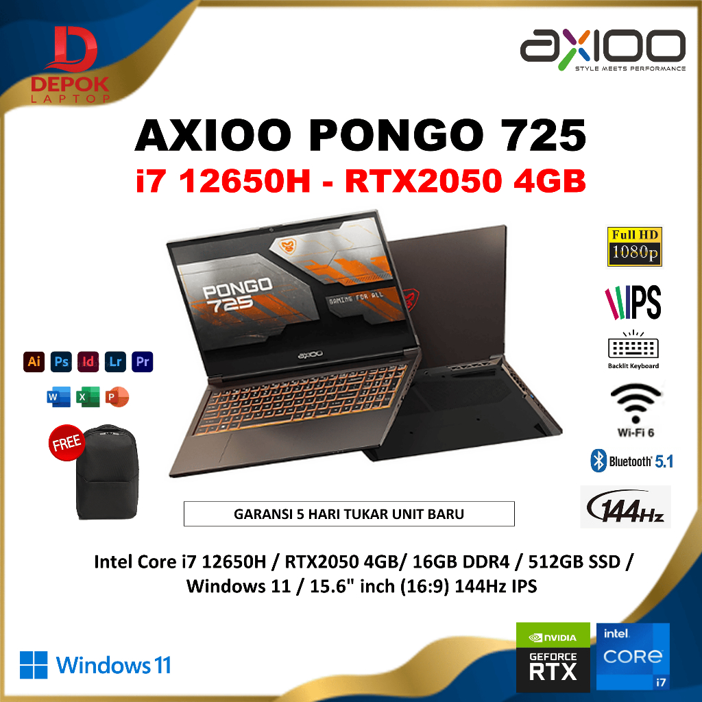 Jual Axioo Pongo 725 I7 12650H RTX2050 4GB/ 16GB 512GB Windows 11 15 ...