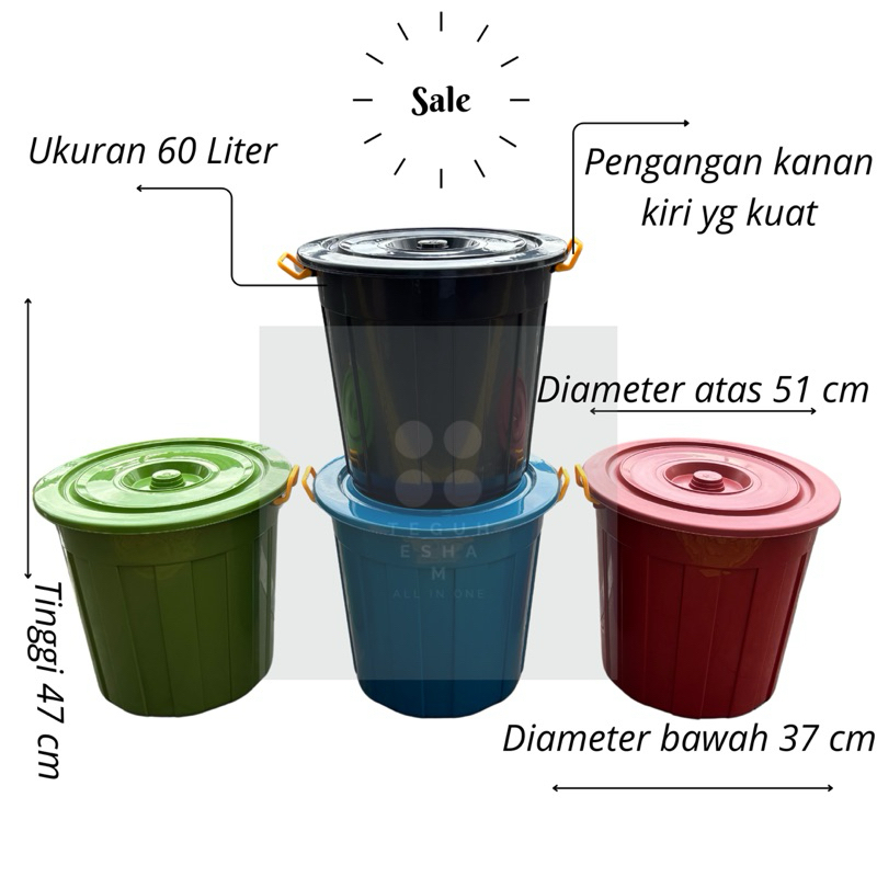 Jual EMBER AIR PLASTIK + TUTUP 60 LITER WARNA / EMBER PLASTIK BESAR ...