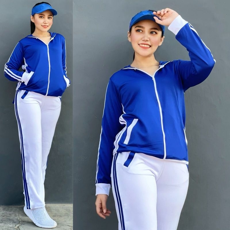 Jual Stelan Baju Senam Indoor Outdoor Biru Putih | Shopee Indonesia