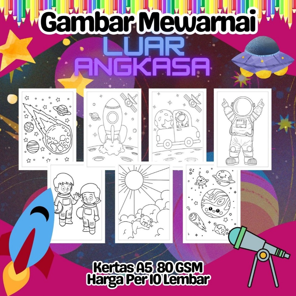 Jual 10 Lembar Kertas A5 Gambar Mewarnai Tema LUAR ANGKASA / SPACE ...