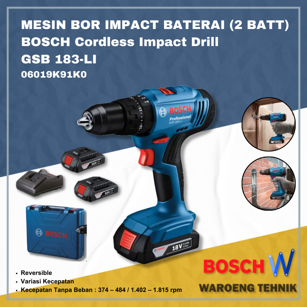 Jual Mesin Bor Impact Baterai BOSCH Cordless Impact Drill GSB 183-LI (2 ...