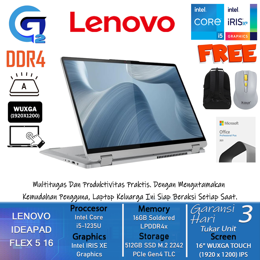 Jual Laptop 2IN1 Lenovo Ideapad Flex 5 16 Intel Core i5 1235U Ram 16GB ...