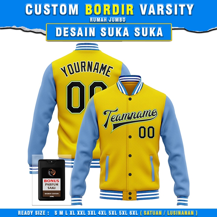 Jual Jaket Varsity Custom Bordir satuan KUNING BABY BLUE jaket seragam ...