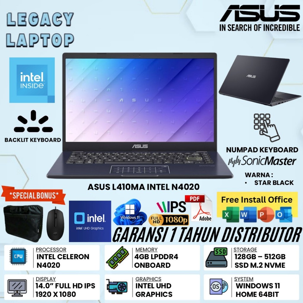 Jual Laptop Slim Asus Vivobook L410MA 14 Intel N4020 4GB 512GB FHD ...