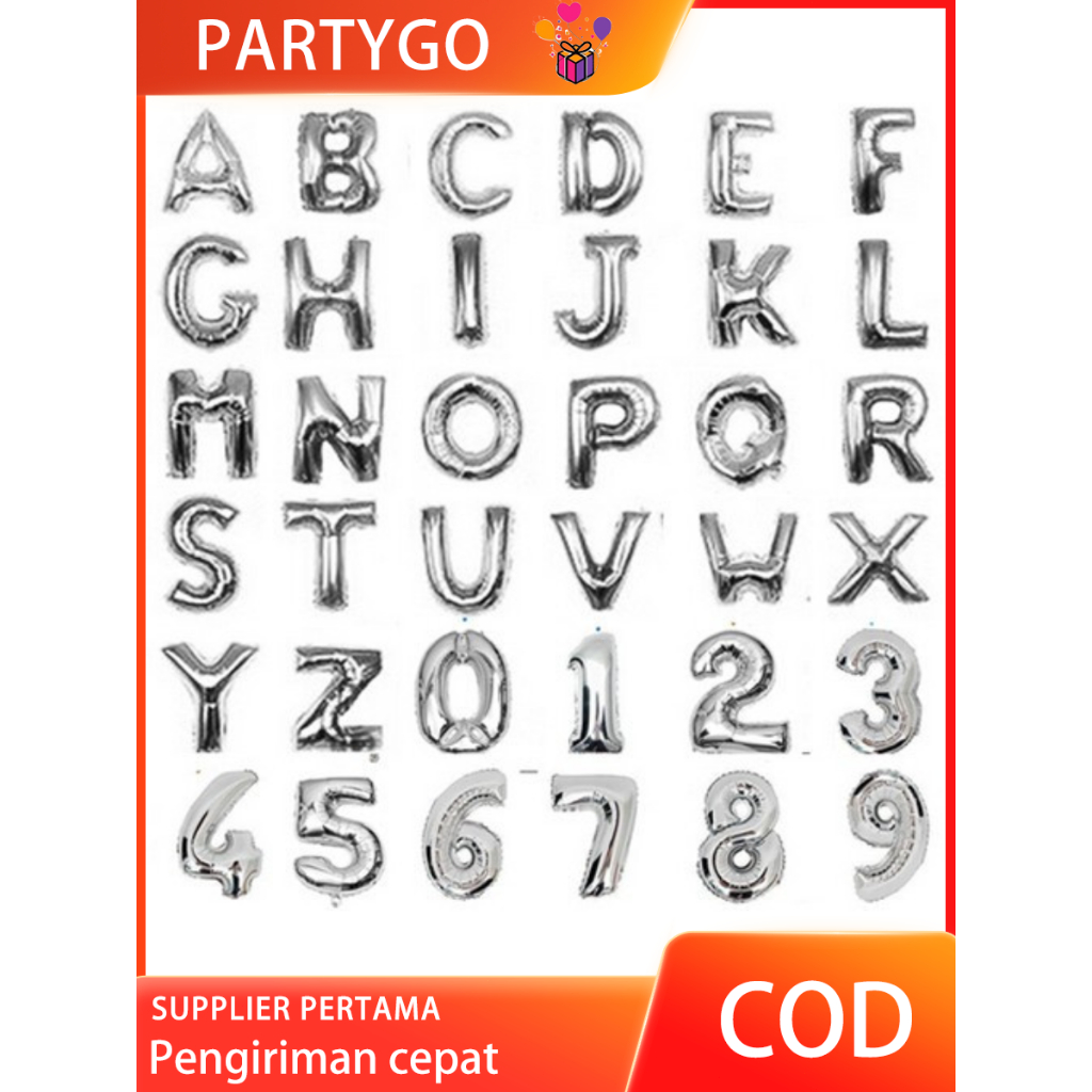 Jual Balon Foil Huruf Alfabet Silver A-Z Angka 0-9 Balon Satuan Ukuran ...