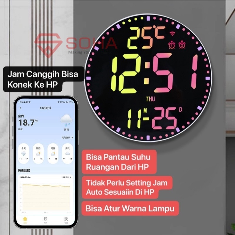 Jual JD-17 Jam Digital LED Besar Jam Bulat Dinding Jam Wifi Konek App ...