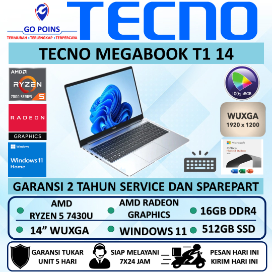 Jual Laptop TECNO MEGABOOK T1 14 AMD Ryzen 5 7430U RAM 16GB 512GB SSD ...