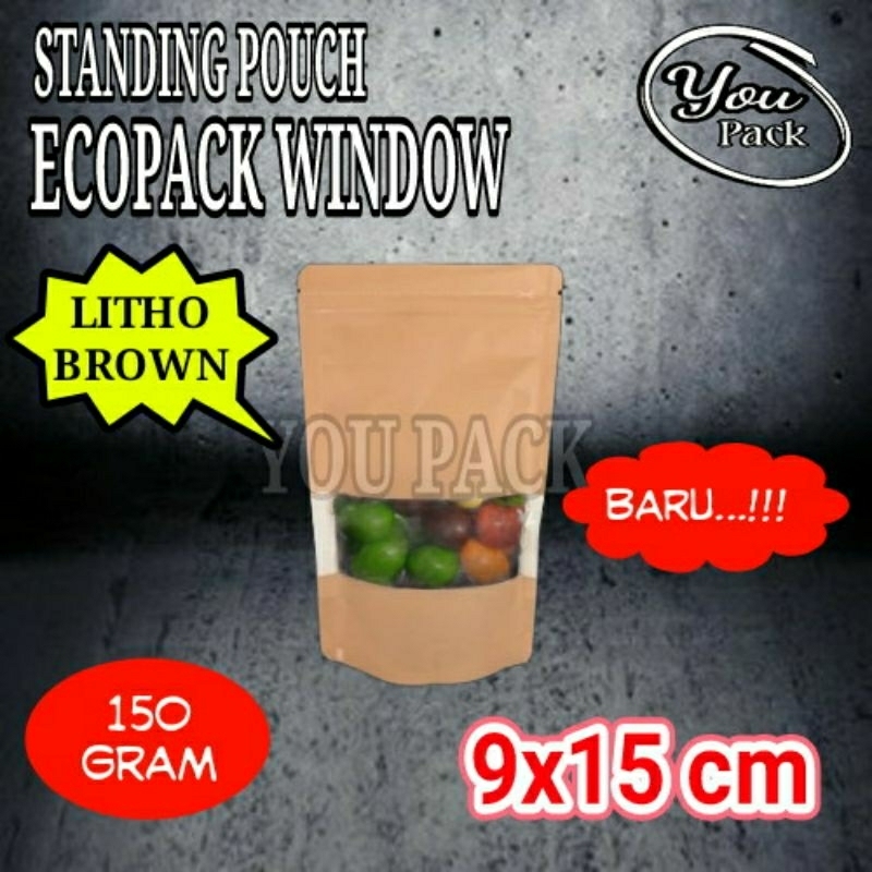 Jual STANDING POUCH ECOPACK WINDOW 150 GRAM ZIPPER LITHO BROWN KEMASAN ...