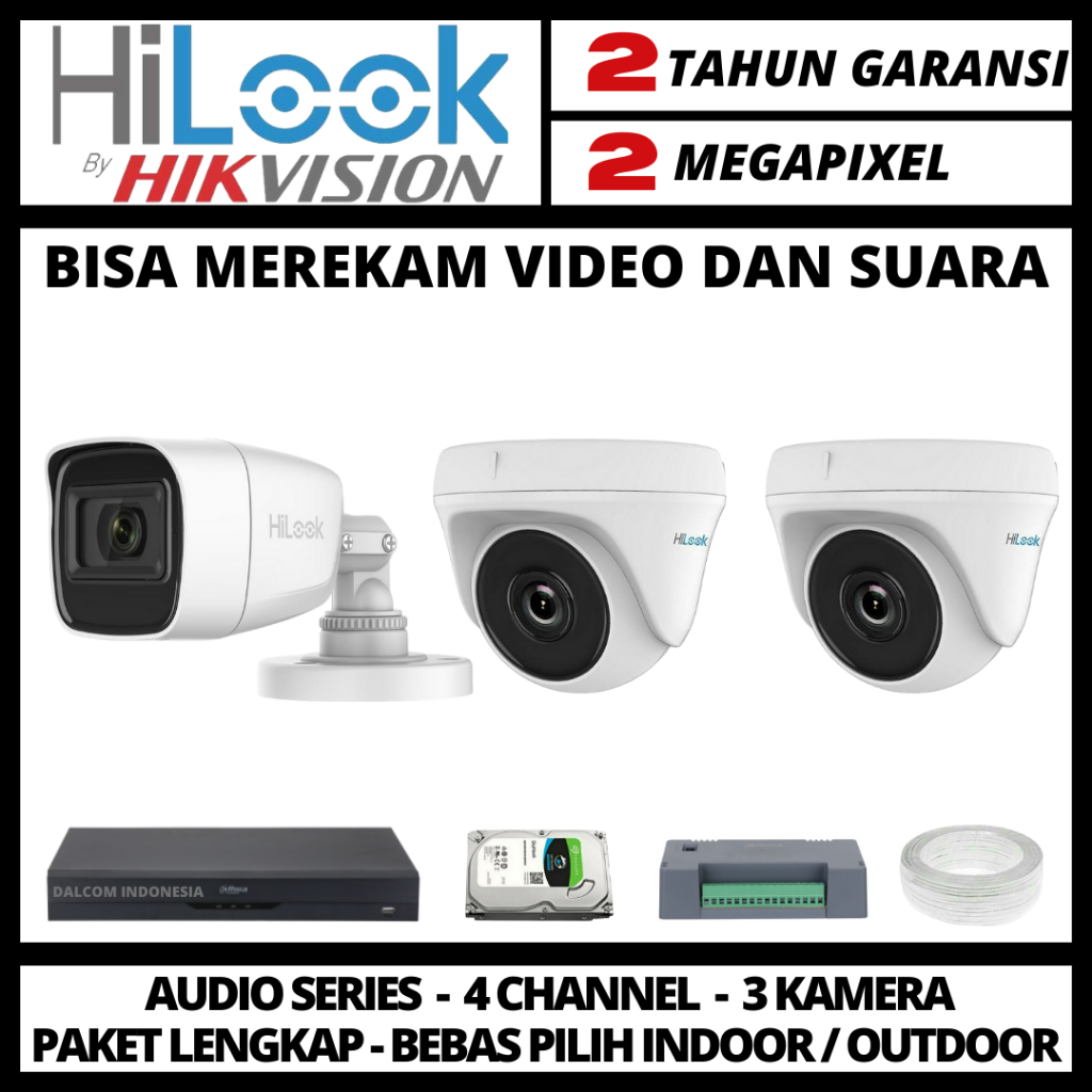 Jual PAKET CCTV HILOOK 2MP 4 CHANNEL 3 KAMERA | Shopee Indonesia