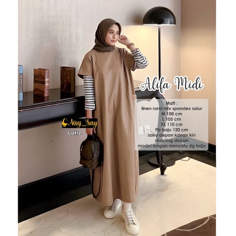 Jual Alifa Midi Dress Bahan Linen Rami Kombinasi Cotton Combed Salur Tebal By AisySay-Midi Dress ...