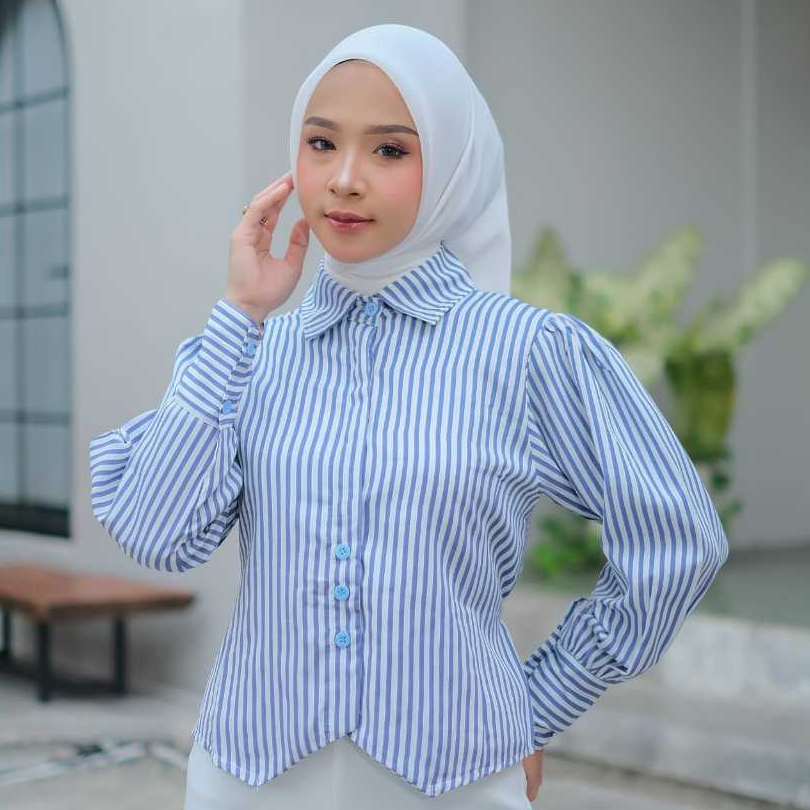 Jual Gempi Stripe Blouse - Kemeja Salur Kancing Kerja Formal - Kemeja ...