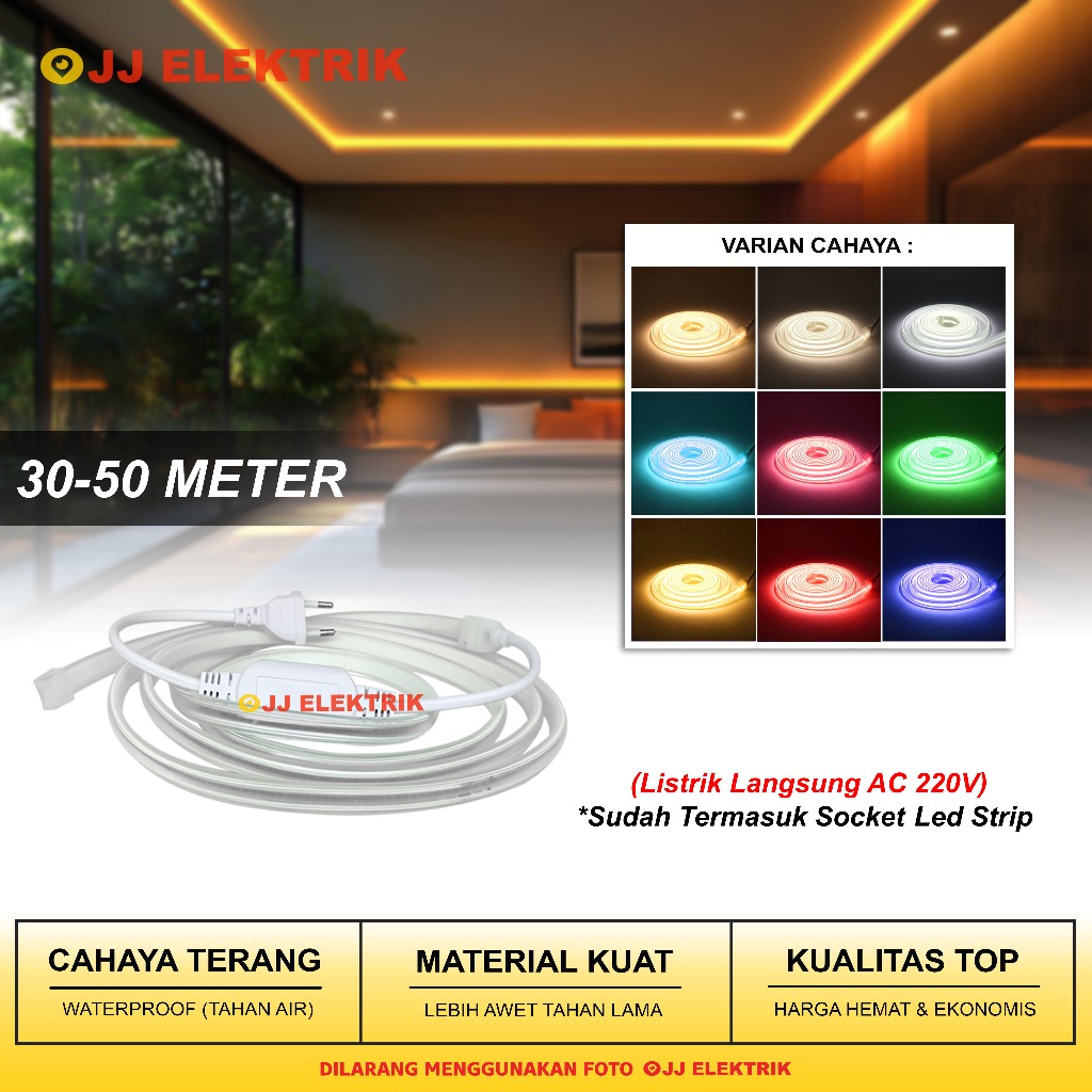 Jual Lampu LED Strip COB 220V Include Socket Colokan 30M 35M 40M 45M ...