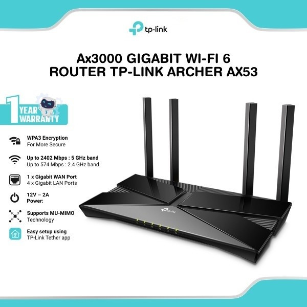Jual Router Tp-Link Archer AX53 AX3000 Dual Band Gigabit Wi-Fi 6 4 antennas | Shopee Indonesia