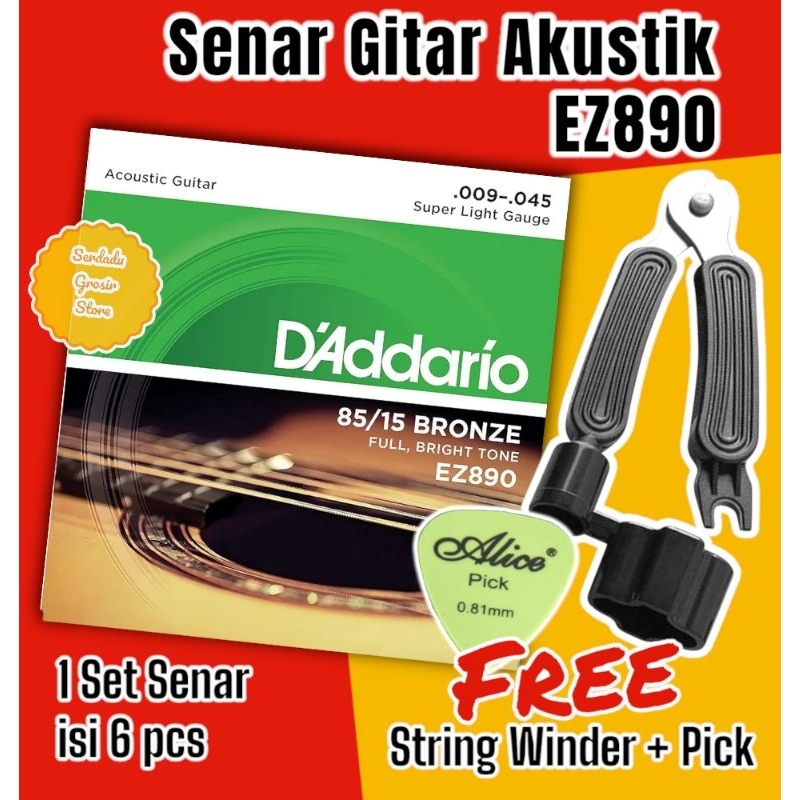 Jual Set Senar Gitar Akustik EZ890 Ukuran 09 Free String Winder + Pick ...