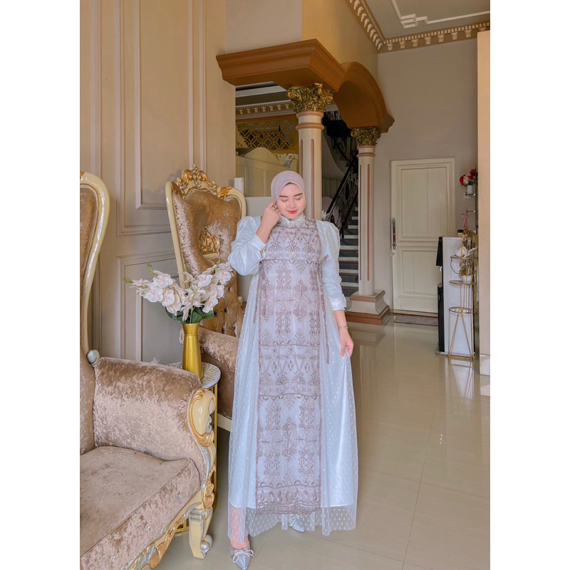 Jual athalia gamis crinkle mix tulle // gamis tille dot // gamis brokat ...