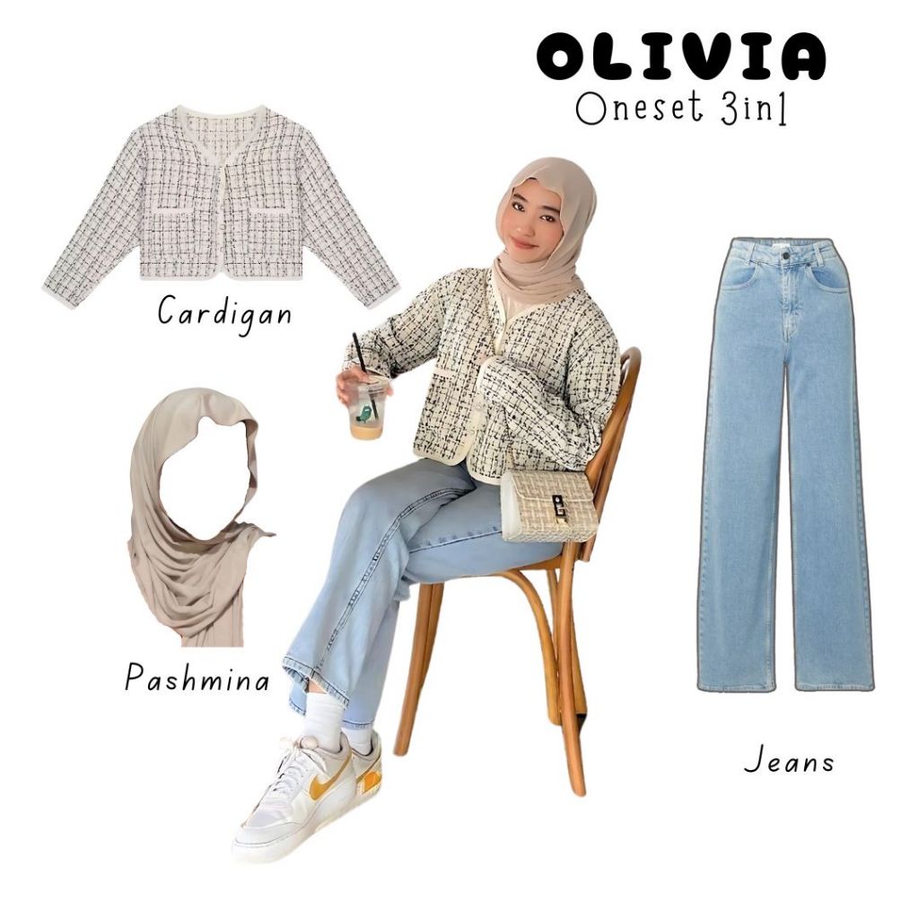 Jual one set 3in1 cardigan rajut korea celana jeans pashmina jersey | perempuan wanita cewek ...